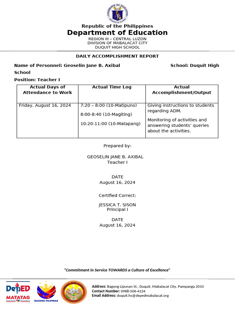 Daily Accomplishment Report ADM | PDF
