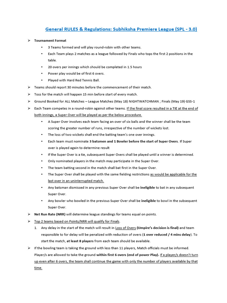 RULES - Subhiksha Premiere League (SPL - 3.0) | PDF