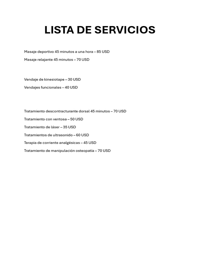 Lista de servicio y catalogo | PDF