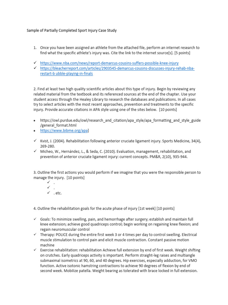 Sample of Partially Completed Sport Injury Case Study | PDF