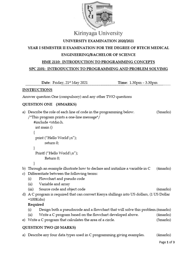 HME 2110 Intro To Programming Concepts Year I Semester II | PDF