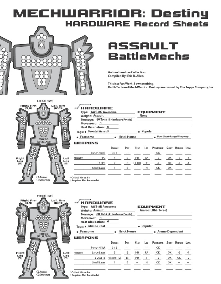 MW-Destiny Record Sheets - Assault Mechs | PDF
