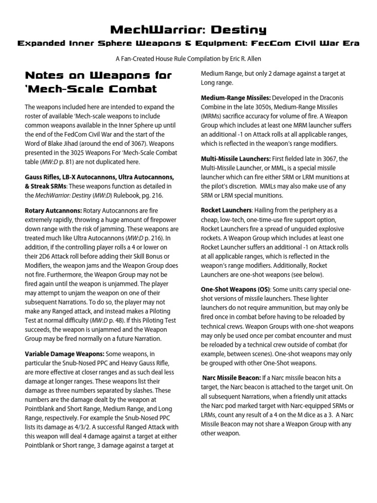 Expanded Inner Sphere Weapons and Equipment | PDF