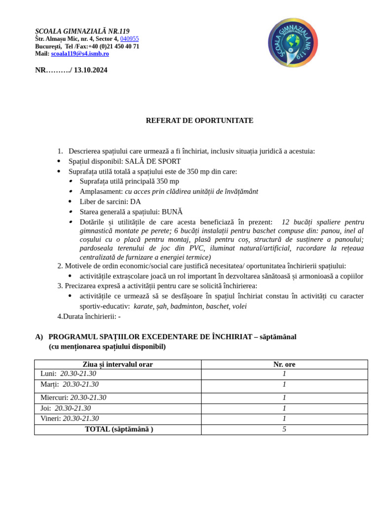 REFERAT DE OPORTUNITATE Model SALA DE SPORT | PDF