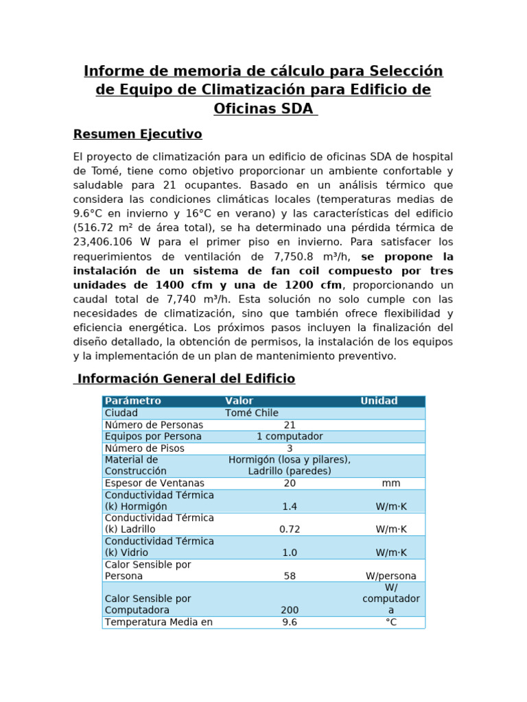 Informe de Memoria de Cálculo para Selección de Equipo de Climatización para Edificio de ...