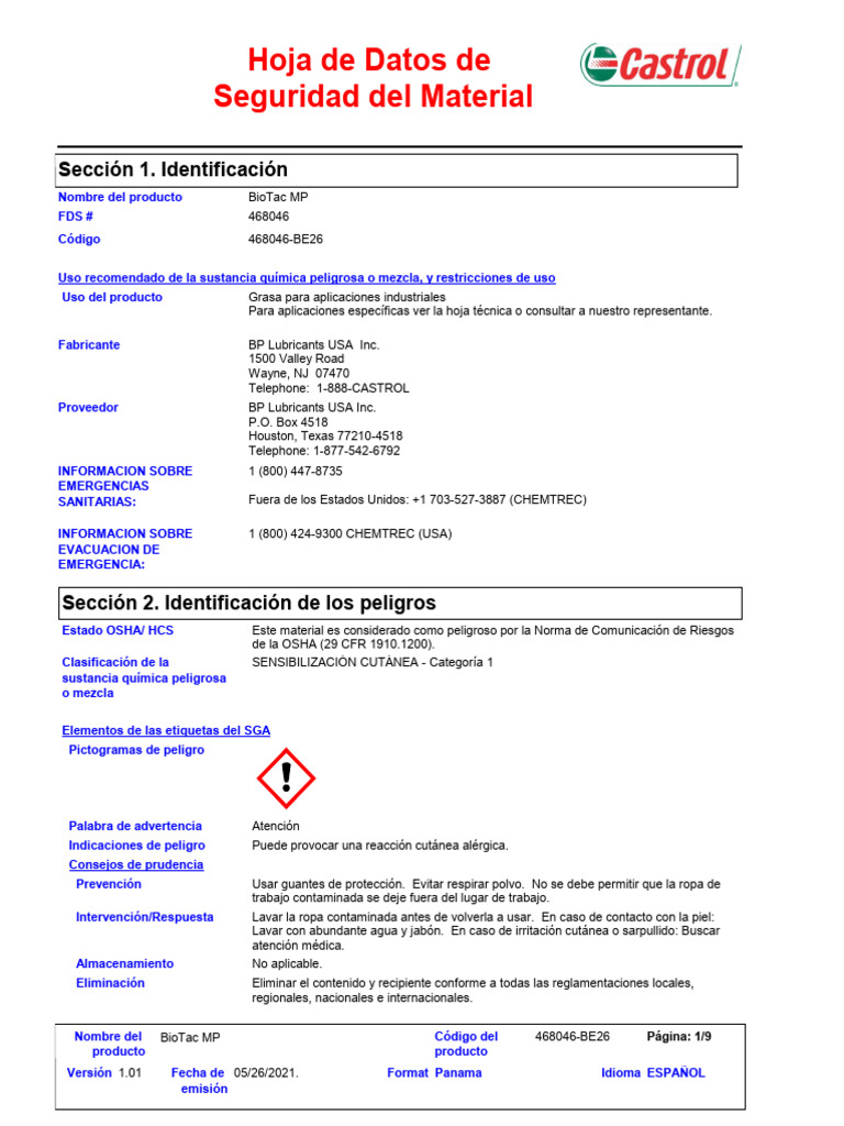 Castrol BioTac MP Msds | PDF