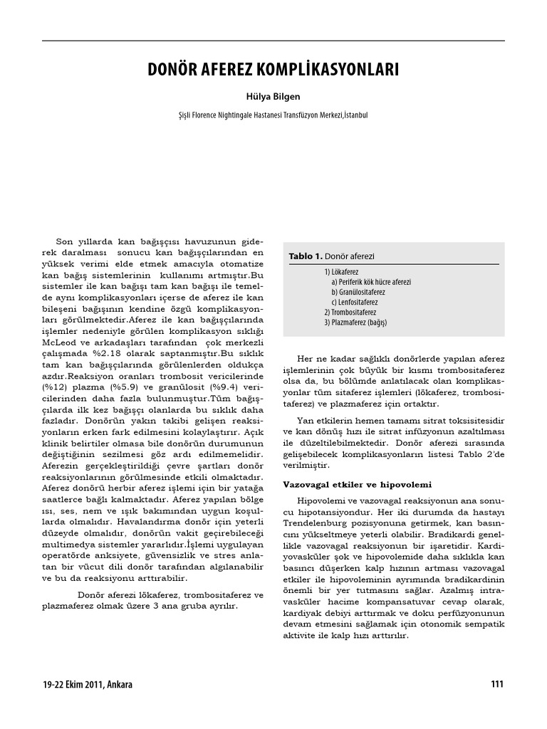 Donor Aferez Komplikasyonlari Hulya Bilgen | PDF