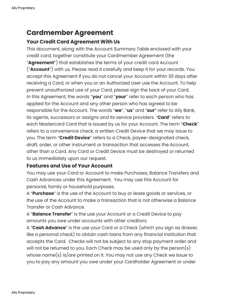Cardmember Agreement For Ally® Credit Cards Q1 2024-398888 | PDF ...