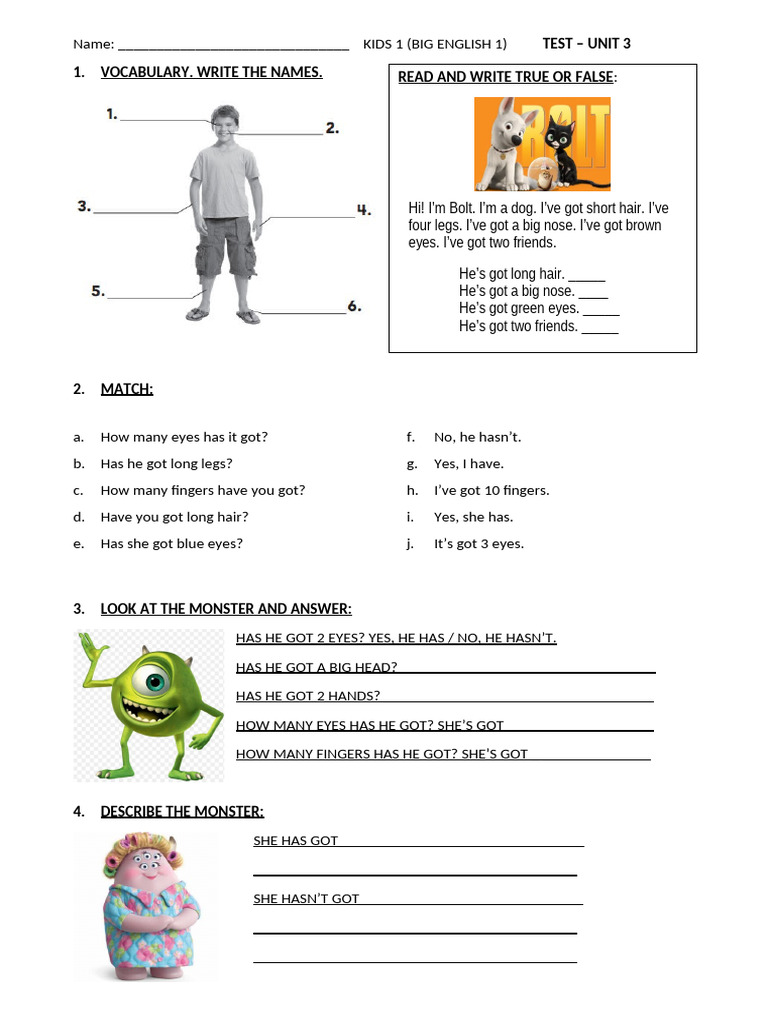 Test Unit 3 My Body Big English 1 | PDF