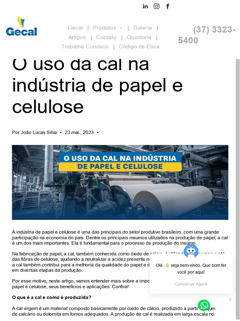 O Uso Da Cal Na Indústria de Papel e Celulose | PDF | Papel | Ciências e Matemática