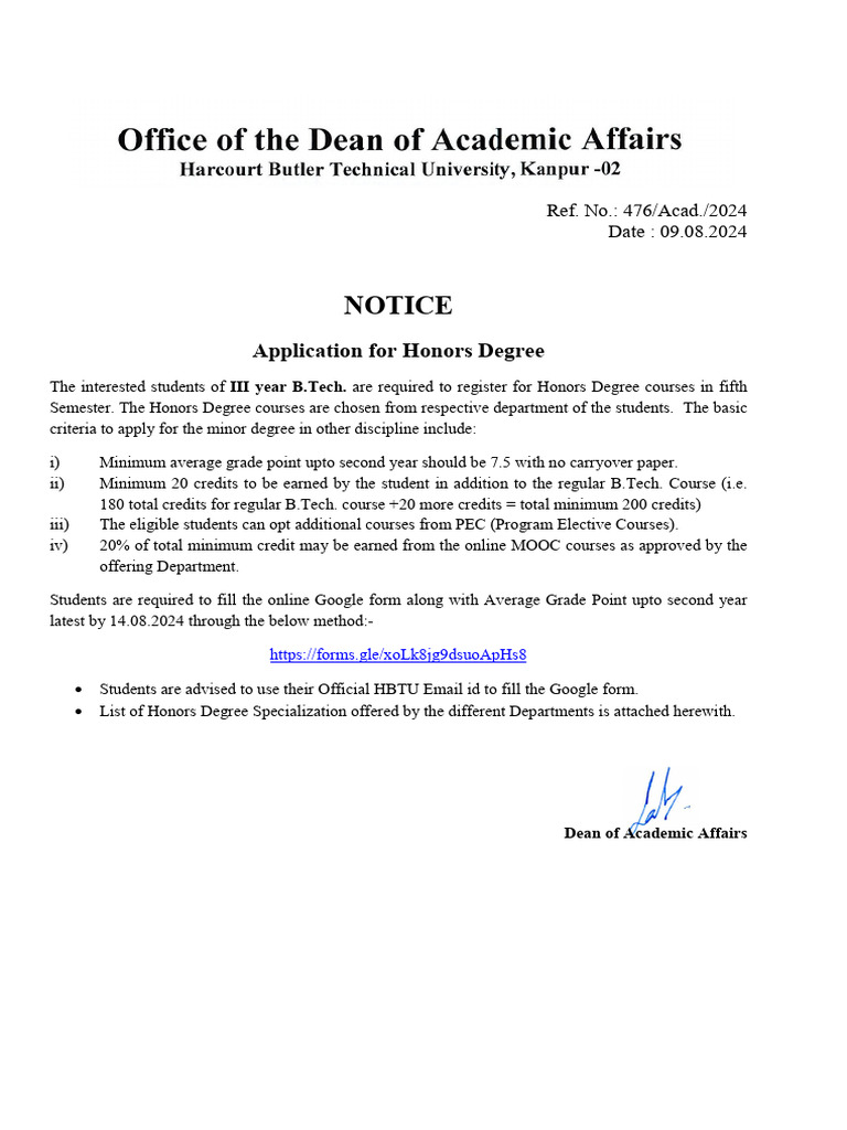 Notice For Honours Degree For III Year Student 2024-25 | PDF