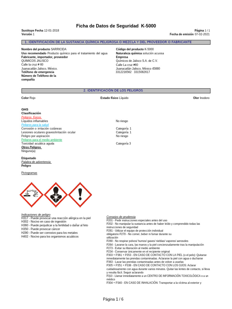 FICHA DE DATOS DE SEGURIDAD K-5000 Sarricida para Limpiezas Quimicas. | PDF