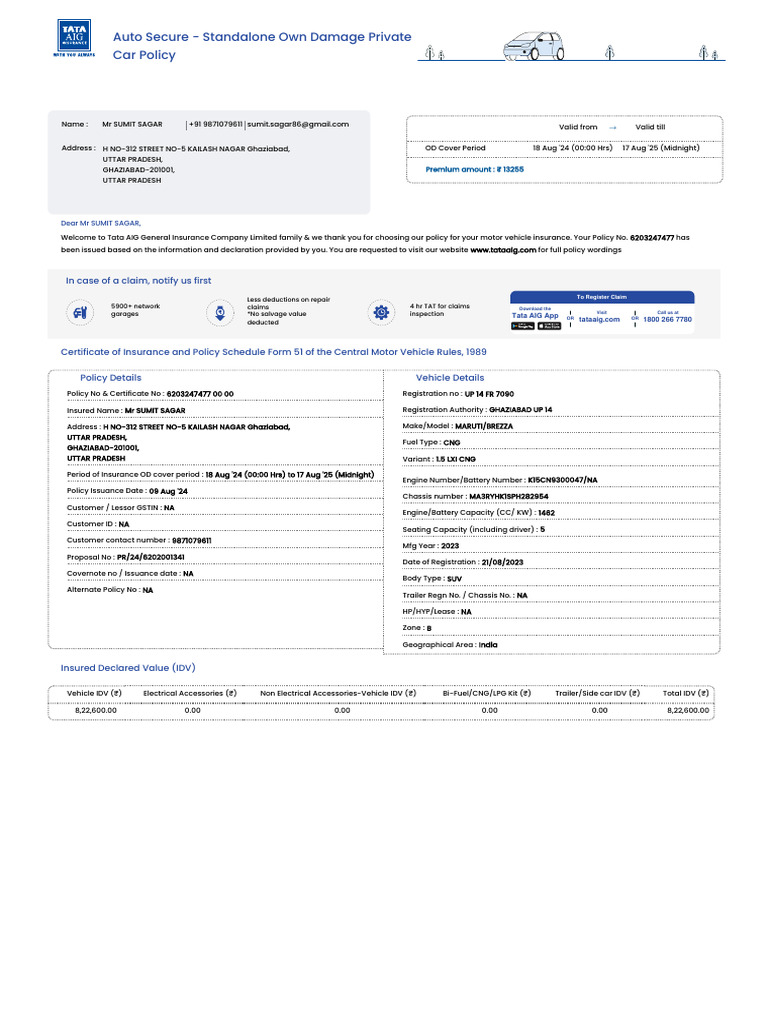 Tata AIG Motor Policy Schedule - 3184 - 6203247477-00 | PDF | Insurance ...