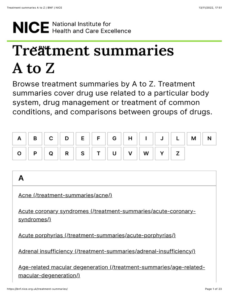 Treatment Summaries A To Z - BNF - NICE | PDF