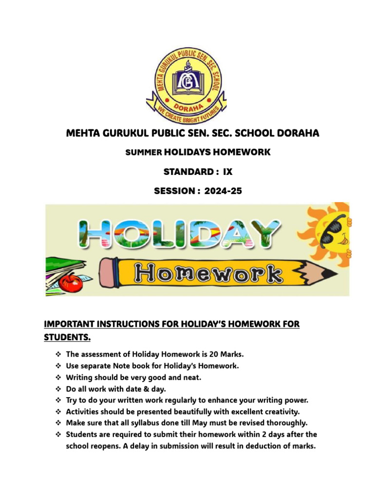 Holiday Homework 9th Standard | PDF