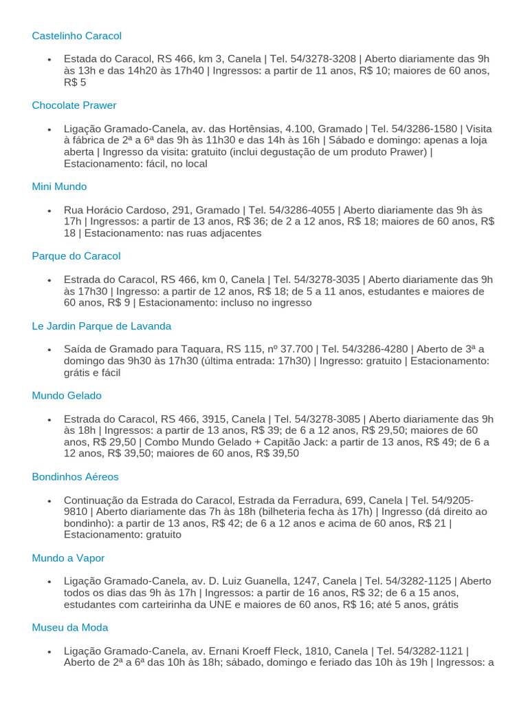 Roteiro de Passeios em Gramado | PDF