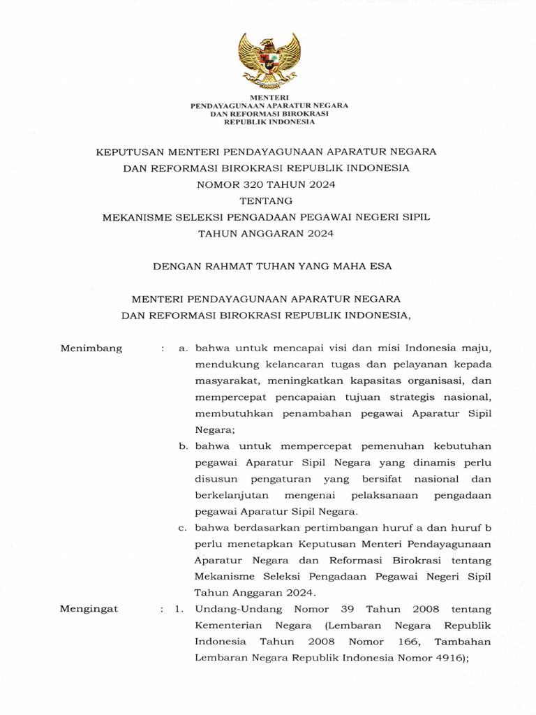 Kepmenpanrb No 320 TH 2024 TTG Mekanisme Pengadaan PNS TH 2024 | PDF