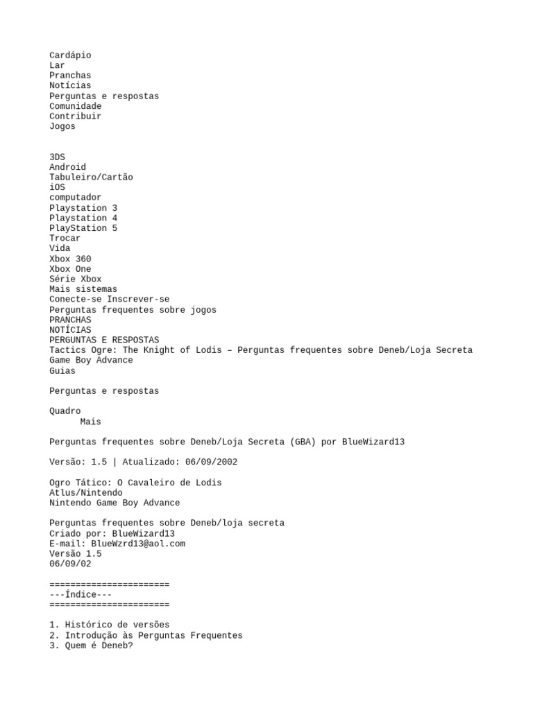 Tactics Ogre - The Knight of Lodis (GBA) - Deneb-Secret Shop FAQ-PorBlueWizard13-GameFAQs | PDF