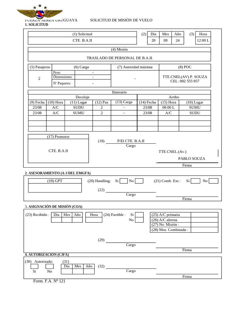FORMULARIO 121 TRASLADO de PAX OF ARMAMAENTO | PDF