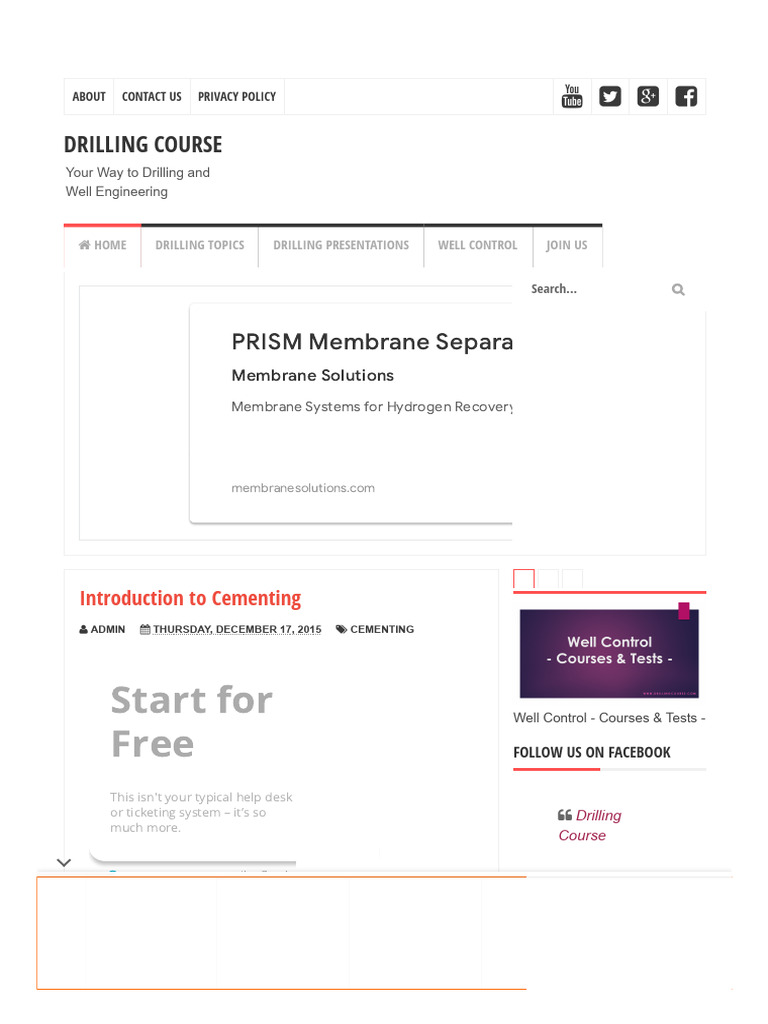 Introduction To Cementing - Drilling Course | PDF