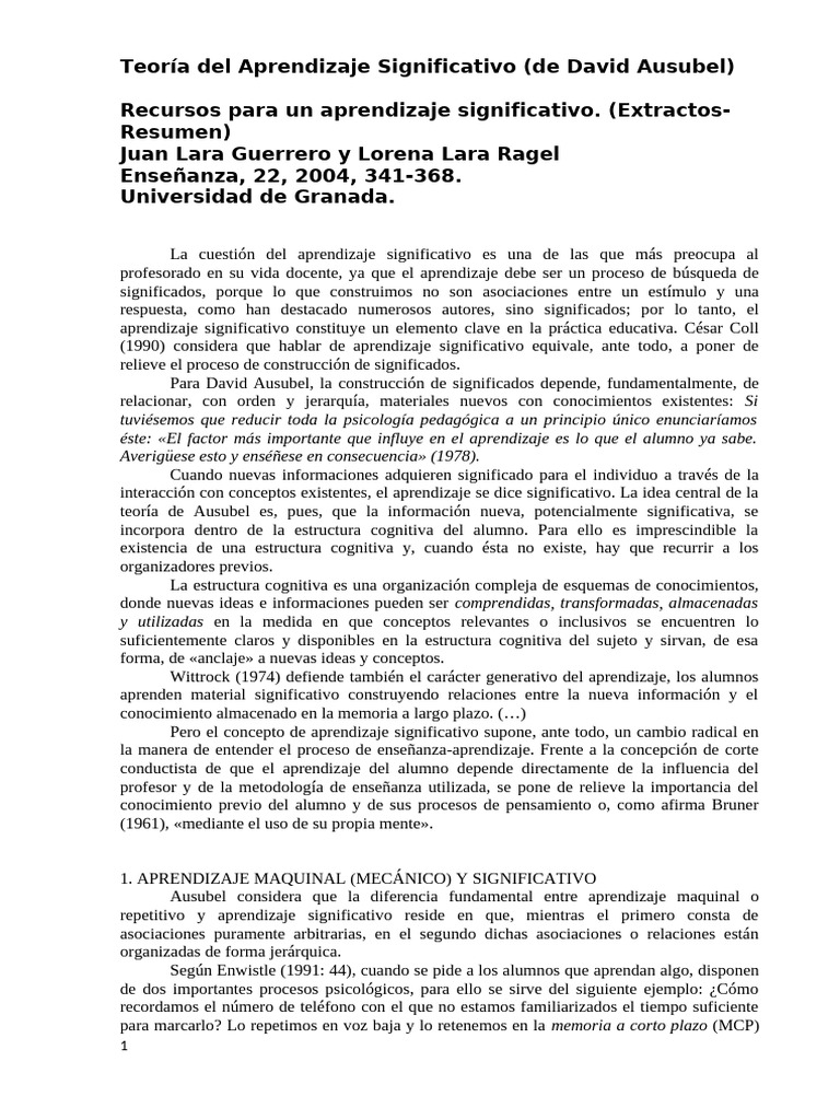 Teoria Del Apr Significativo Ausubel | PDF