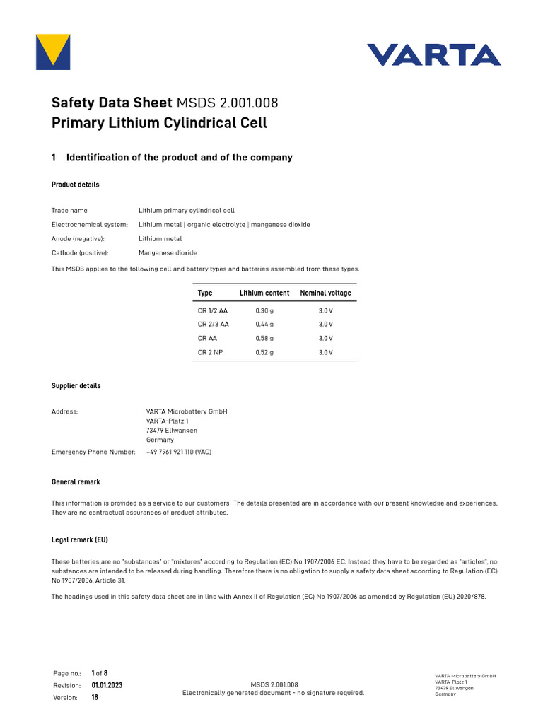 SDS - Lithium Primary Cylindrical Cell SAPP41HHMDOCLIB IBD MSDS 000000006436 en | PDF