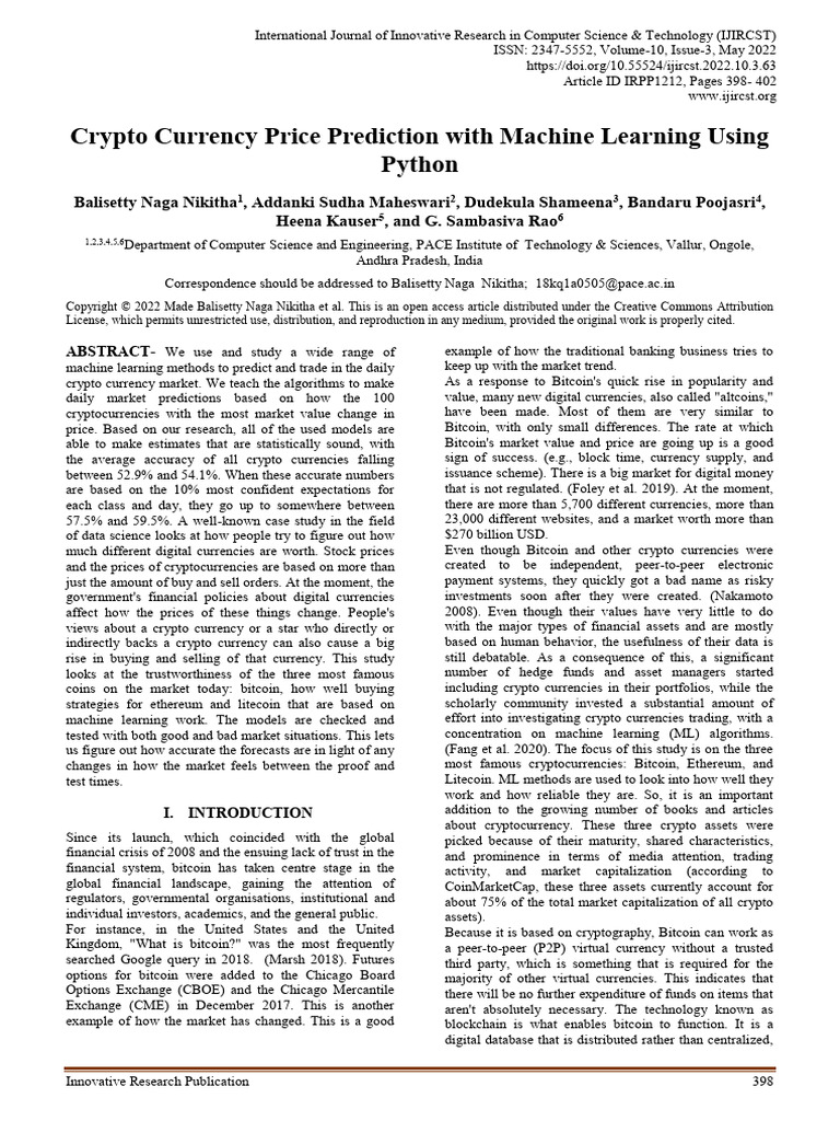 63 Crypto Currency Price Prediction With Machine Learning Using Python | PDF