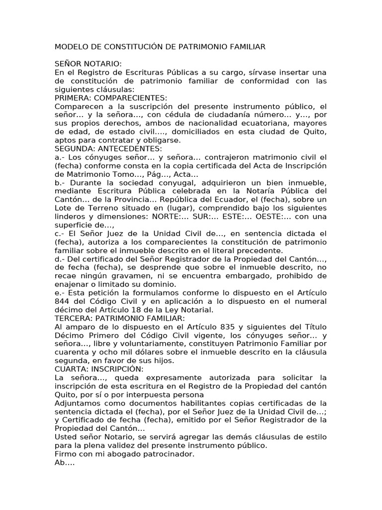Modelo de Minuta de Constitución de Patrimonio Familiar | PDF