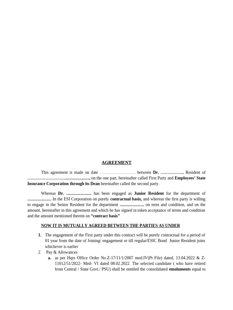 Aggreement For Junior Resident | PDF | Business | Civil Law (Legal System)