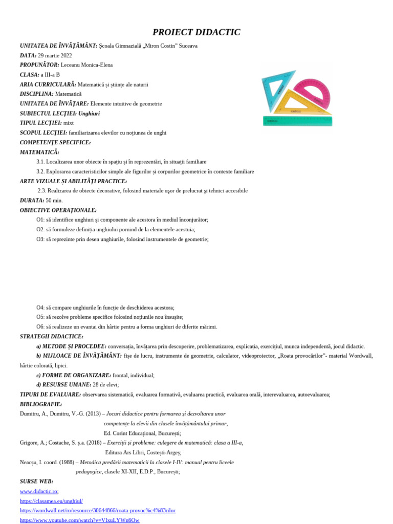 Proiect Didactic Unghiuri | PDF