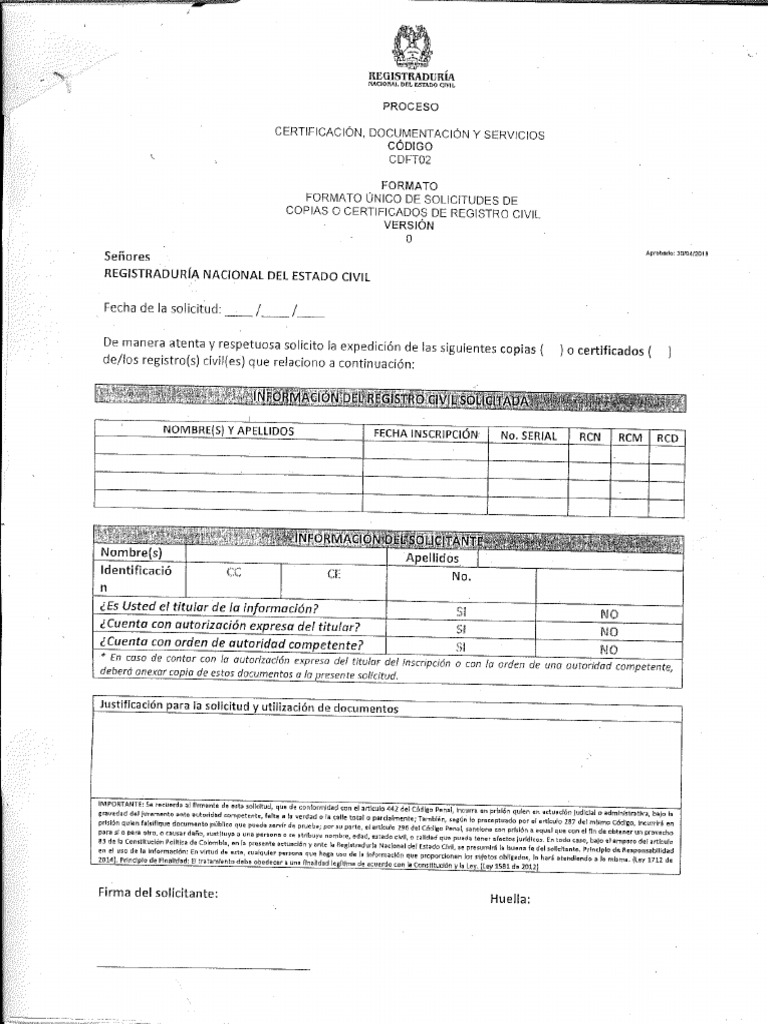 Formato Solicitud Registro Civil | PDF