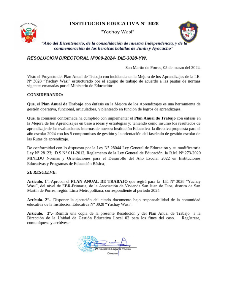 R.D #009 - 2024 Aprobacion Del PAT 2024 | PDF