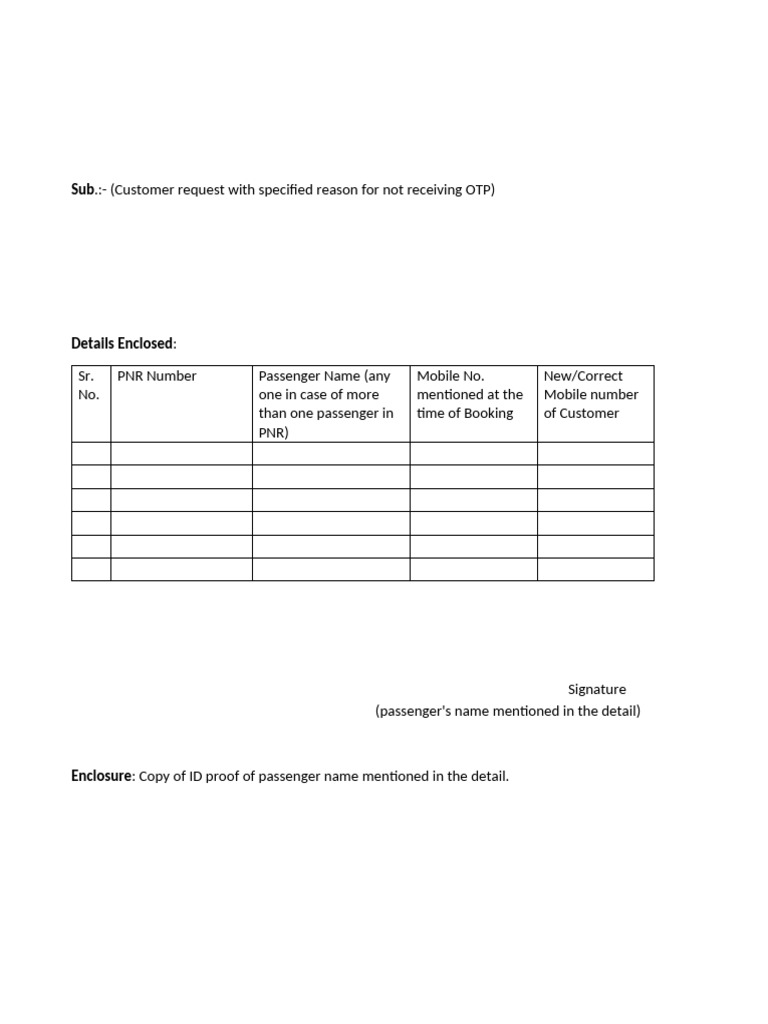 OTP Refund Format (For Wrong Mobile) by IRCTC | PDF