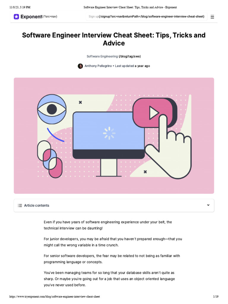 Software Engineer Interview Cheat Sheet - Tips, Tricks and Advice - Exponent | PDF