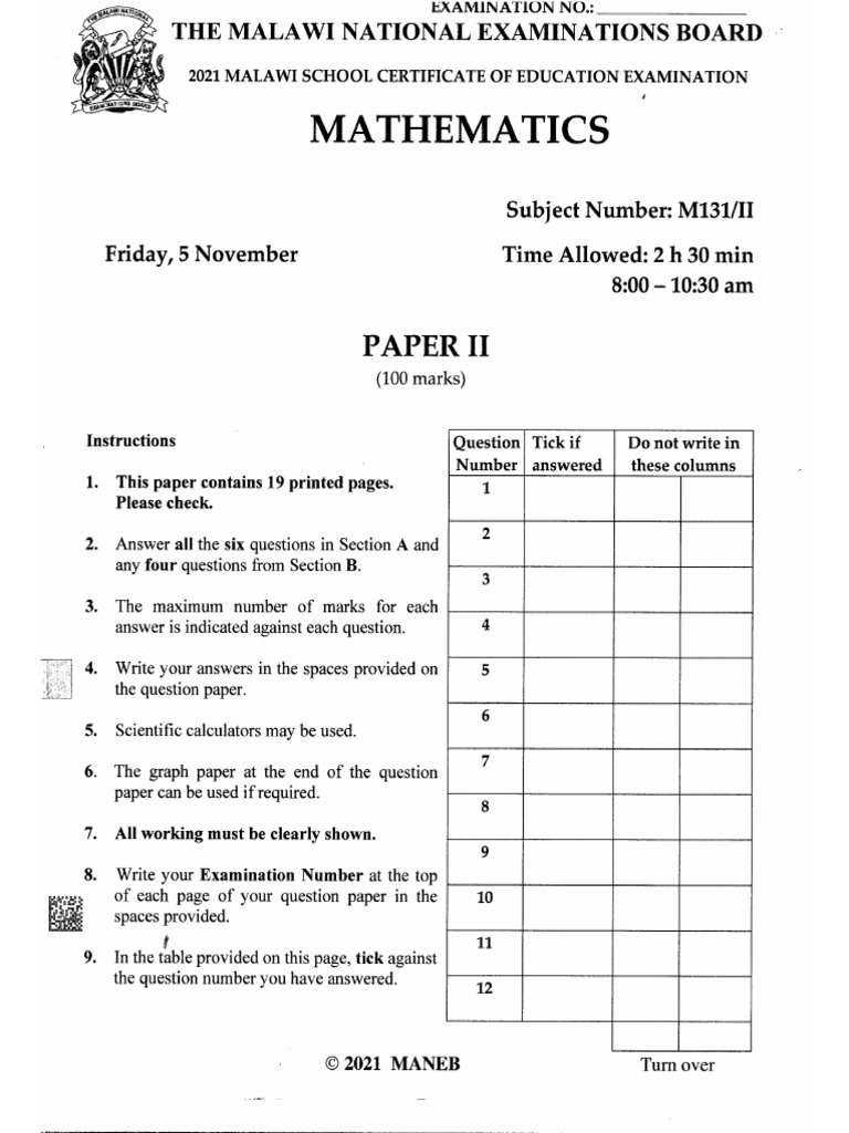 2021 Maneb Maths Paper 2 | PDF