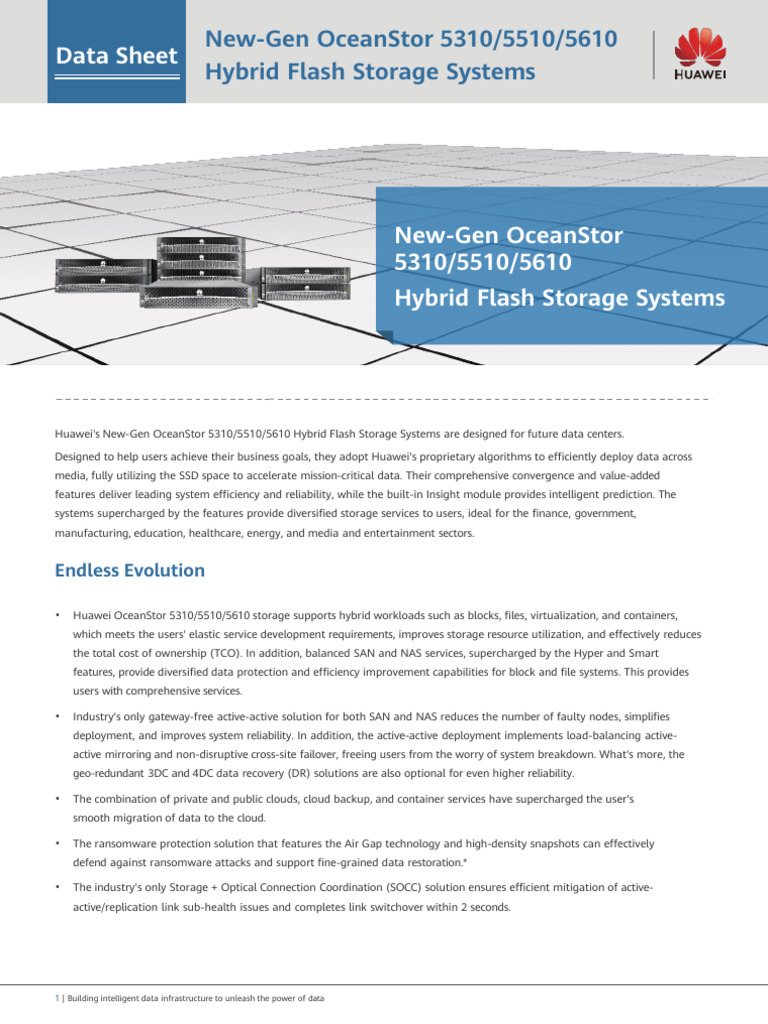 Huawei New-Gen OceanStor 5310 5510 5610 Hybrid Flash Storage Systems - Data Sheet | PDF