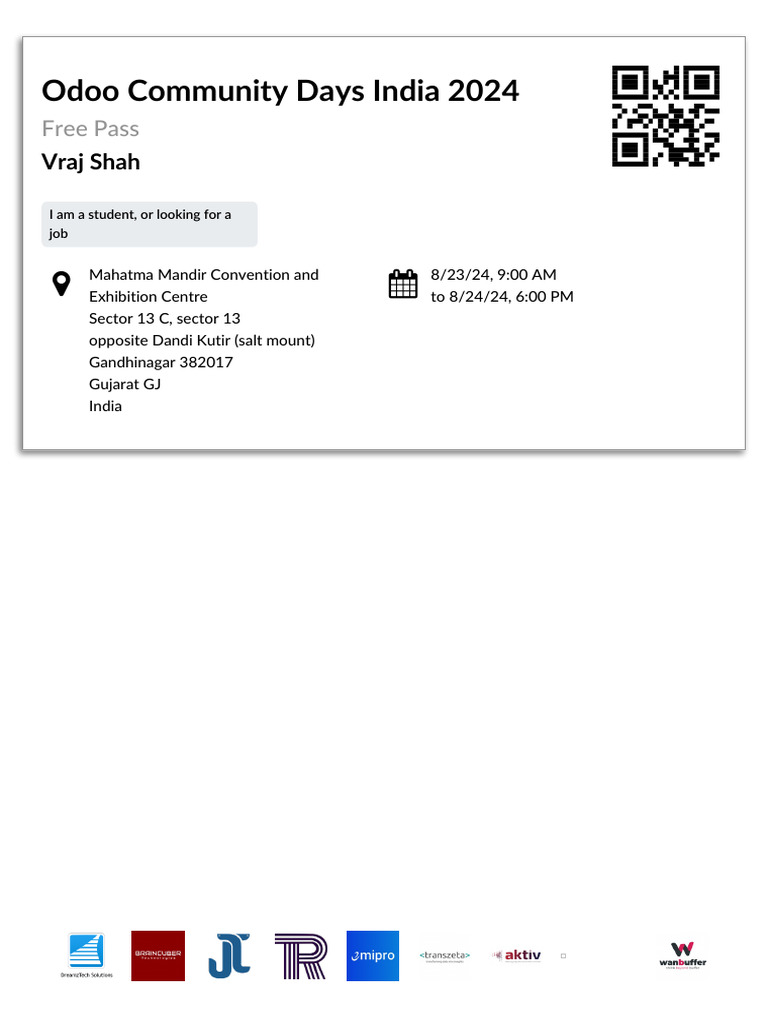 Tickets - Odoo Community Days India 2024 (Aug 23, 2024, 9 - 00 - 00 AM) - Vraj Shah | PDF