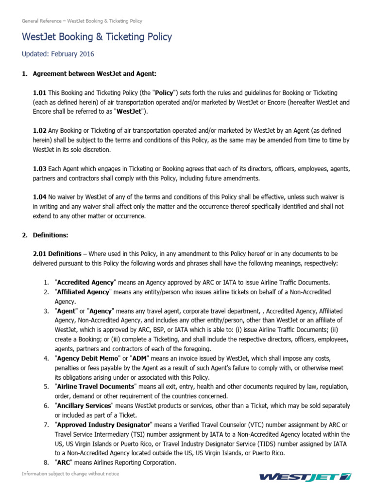 WestJet Booking & Ticketing Guidelines | PDF | Fee | Transportation ...