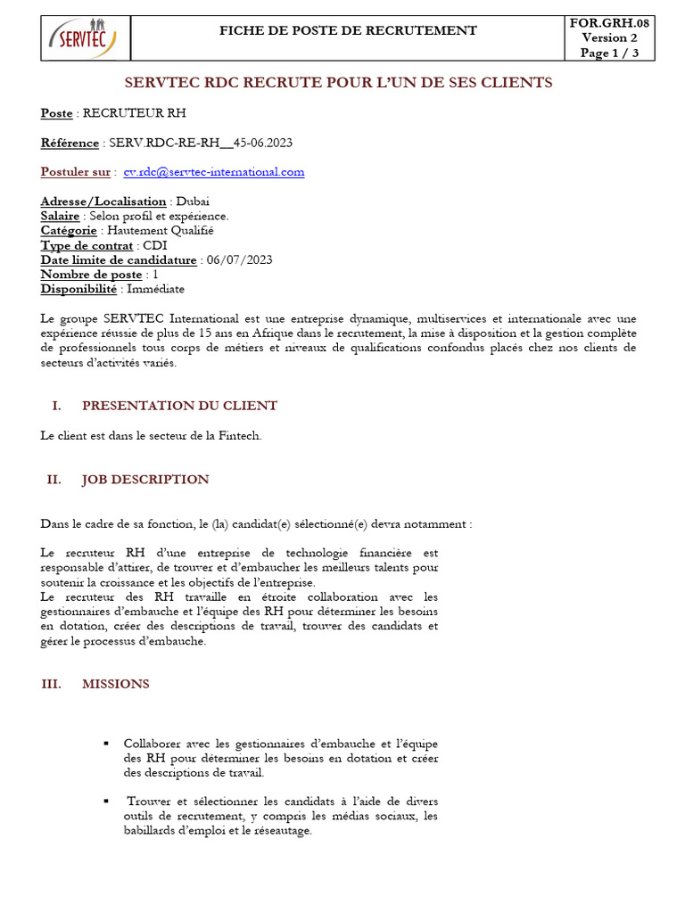 Fiche de Poste Recruteur RH HF - Servtec RDC | PDF