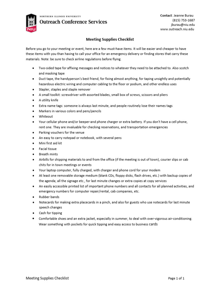 Meeting Supplies Essentials Checklist | PDF | Notebook | Equipment