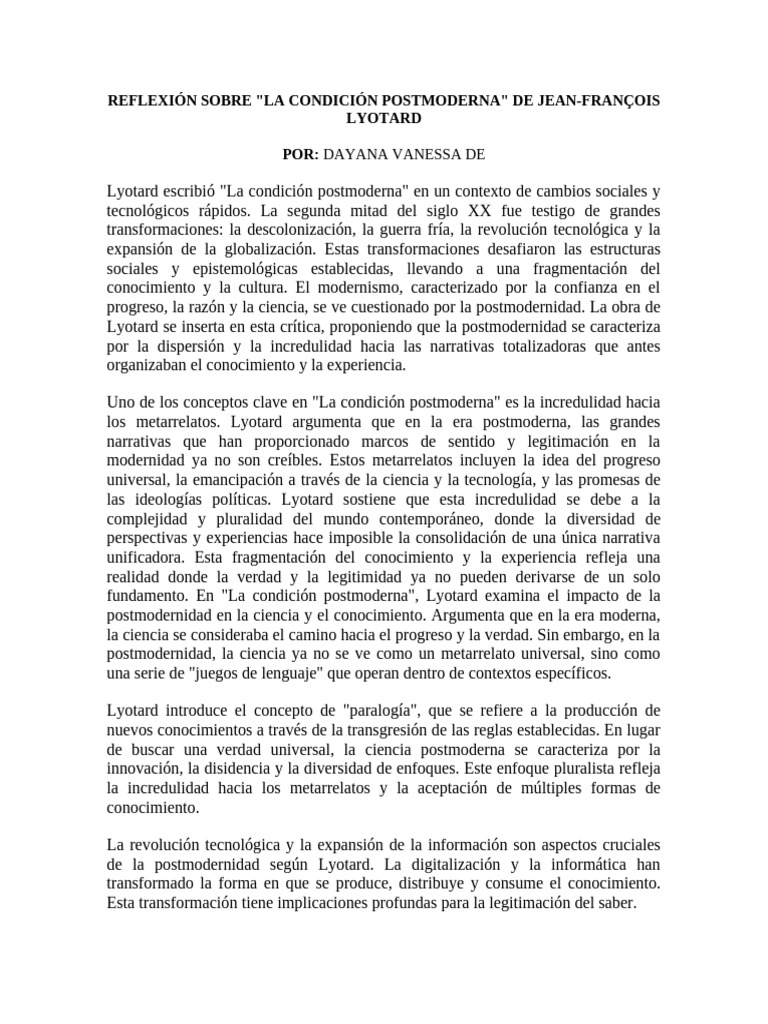 Narrativa - Reflexión Sobre La Condición Postmoderna | PDF
