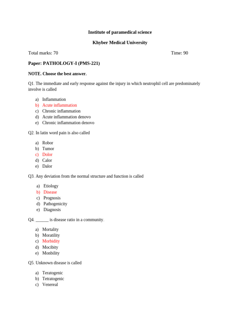 Pathology Exam Questions and Answers | PDF | Inflammation | Science ...
