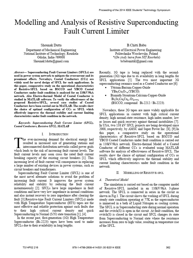 Modelling and Analysis of Resistive Superconducting Fault Current Limiter | PDF | High ...
