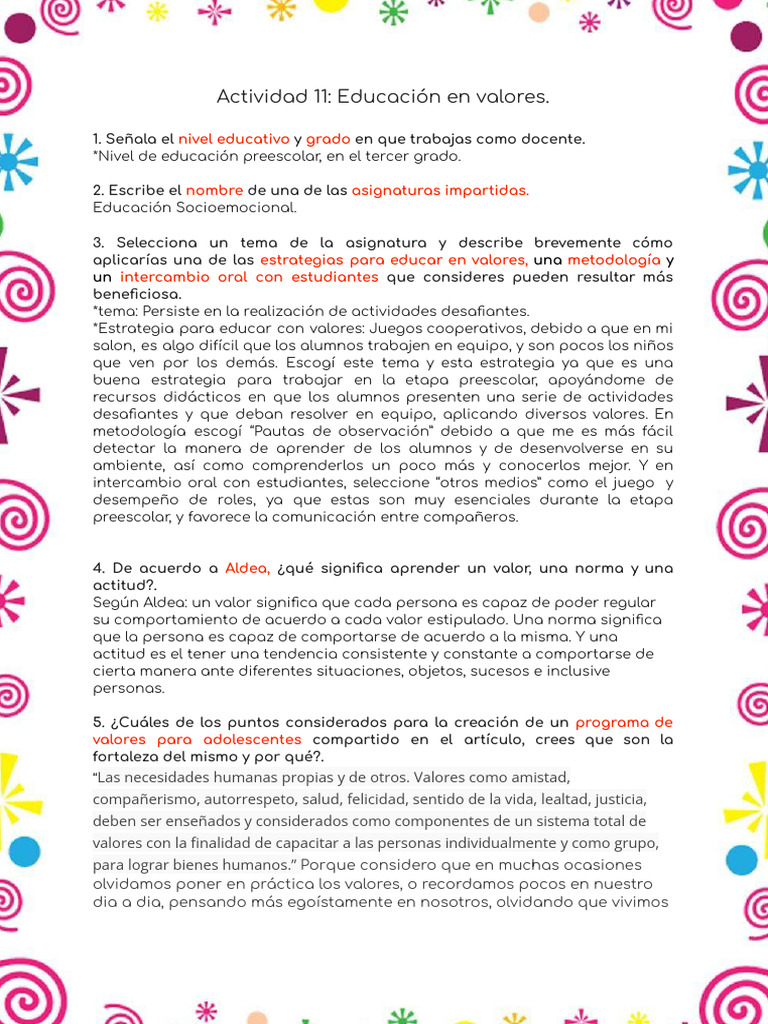 Actividad 11 - Educación en Valores | PDF | Educación de la primera infancia | Aprendizaje