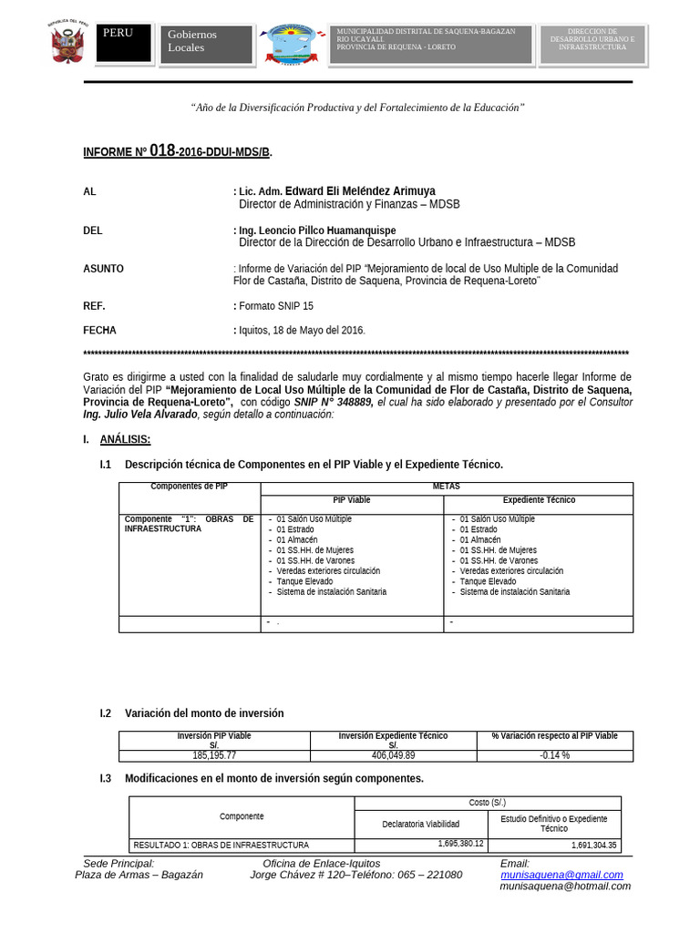 INFORME DE VARIACIONES EN FASE DE INVERSION - Libertad | PDF