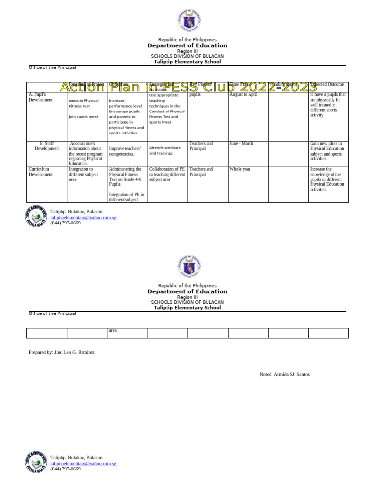 Action plan in PESS CLUB | PDF