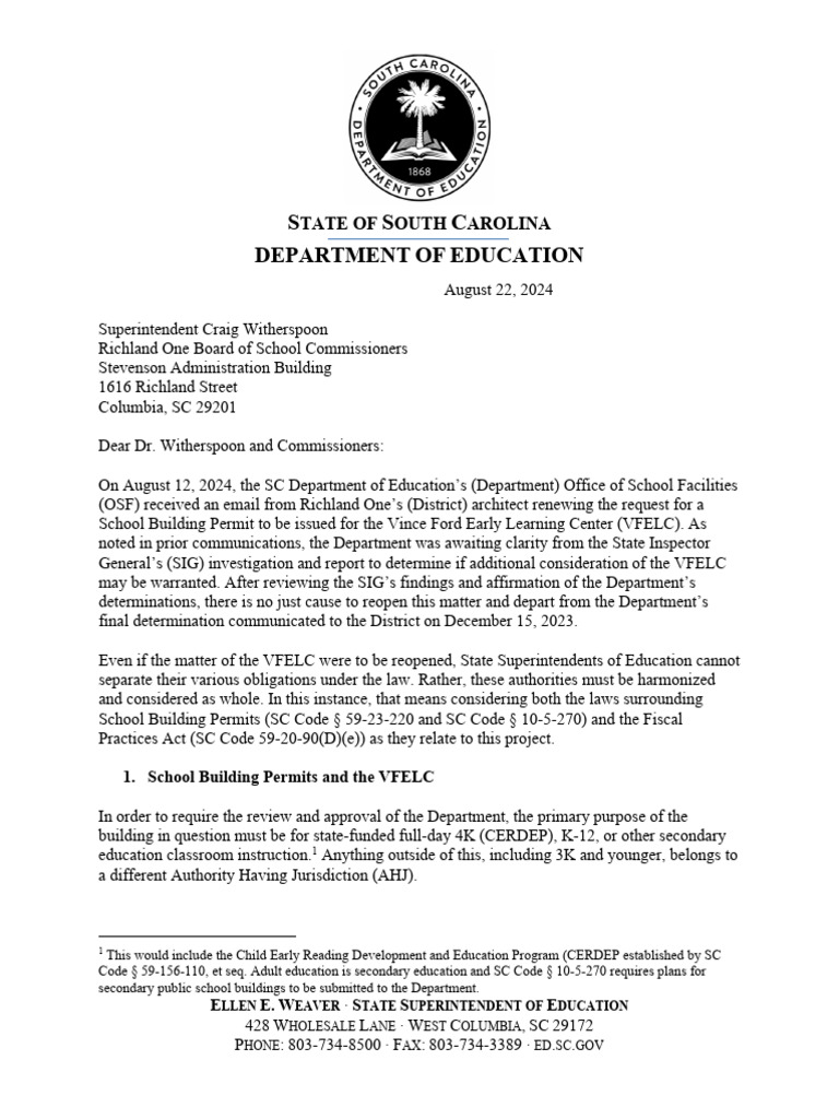 Letter Ellen Weaver Sent To Richland One Officials 8/22 | PDF | Child Care