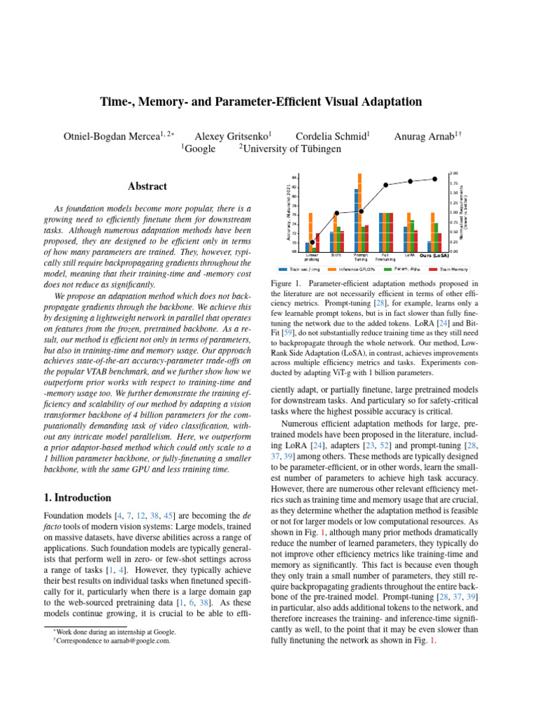 Time-, Memory-And Parameter-Efficient Visual Adaptation | PDF