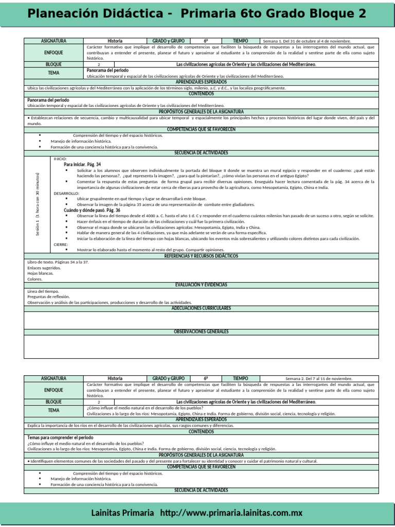 Plan 6to Grado - Bloque 2 Historia (2016-2017) | PDF