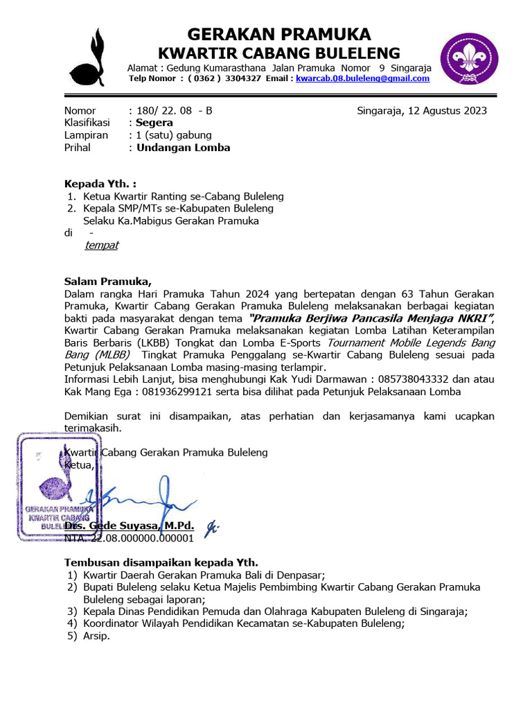 Undangan Lomba LKBBT Dan E-Sports MLBB Pramuka Penggalang | PDF